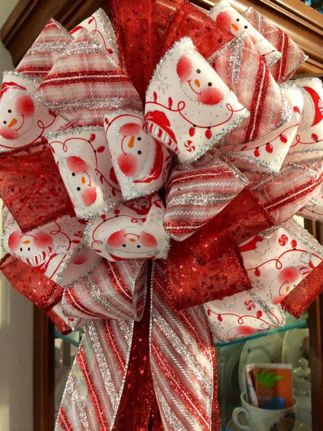 Snowman Red and White Tree Topper Bow Set Snowmen Red White Stripes ...