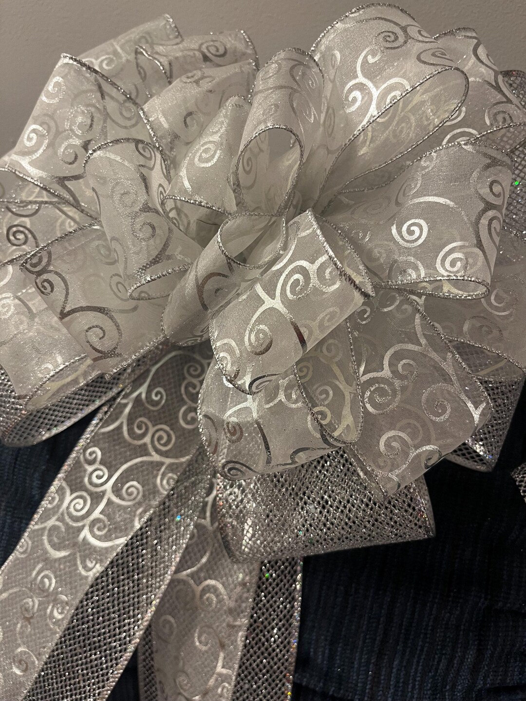 Silver Tree Topper Bow / Sheer Silver Swirls Bow With Long Streamers ...