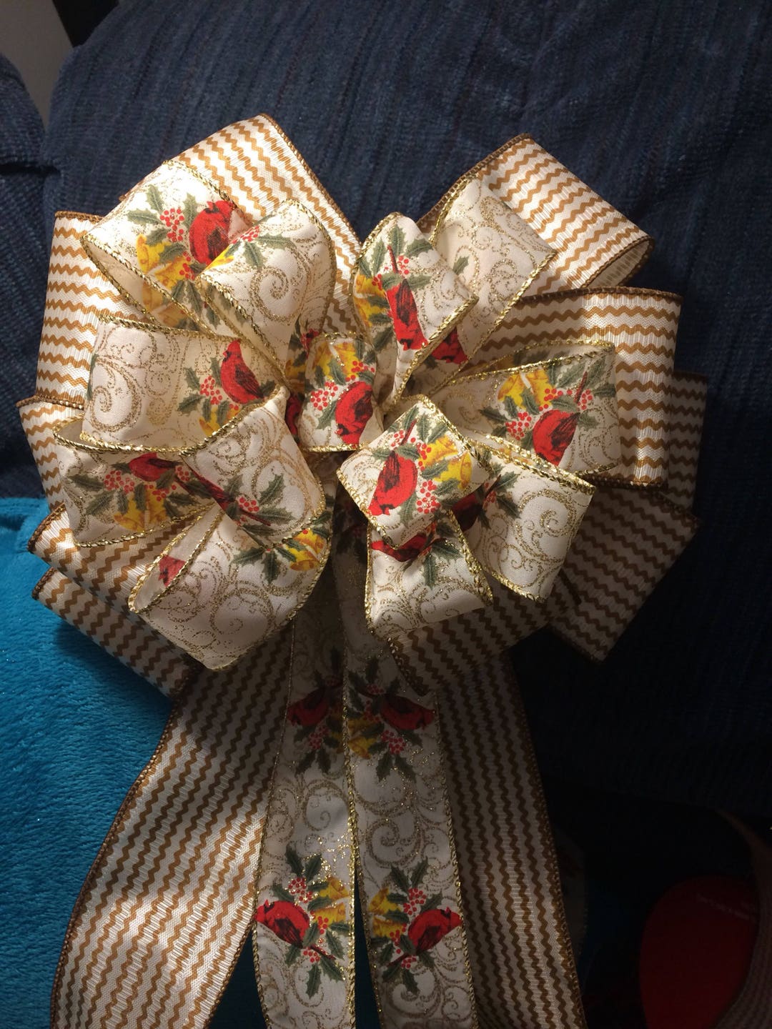 Large Tree Topper Bow With Red Cardinal Birds Cream and Gold - Etsy