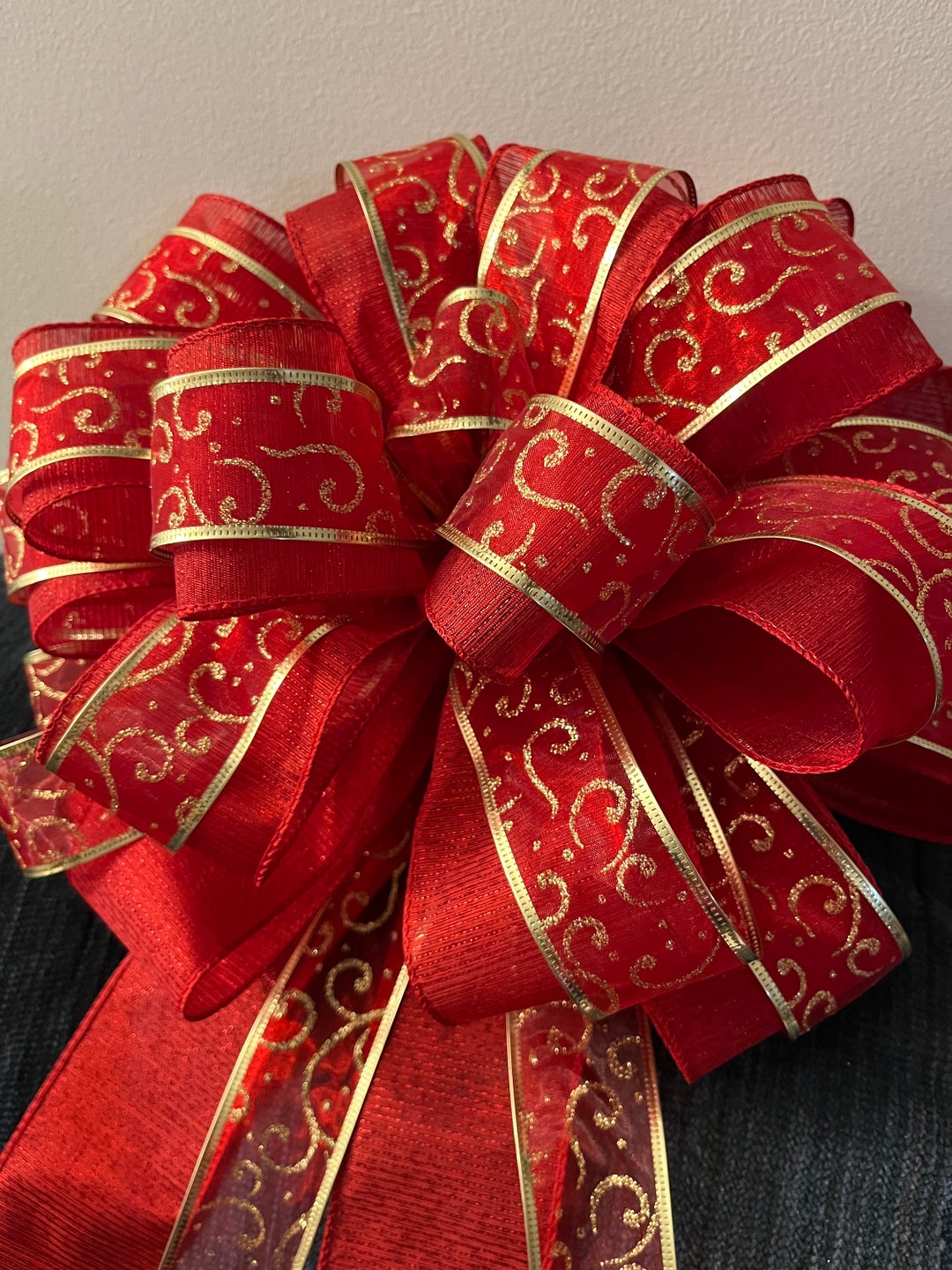 Red Tree Topper Bow / Gold Glittered Swirls Bow With Streamers ...