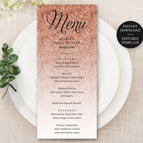 Editable Rose Gold Ombre Glitter Menu Printable Template - Etsy