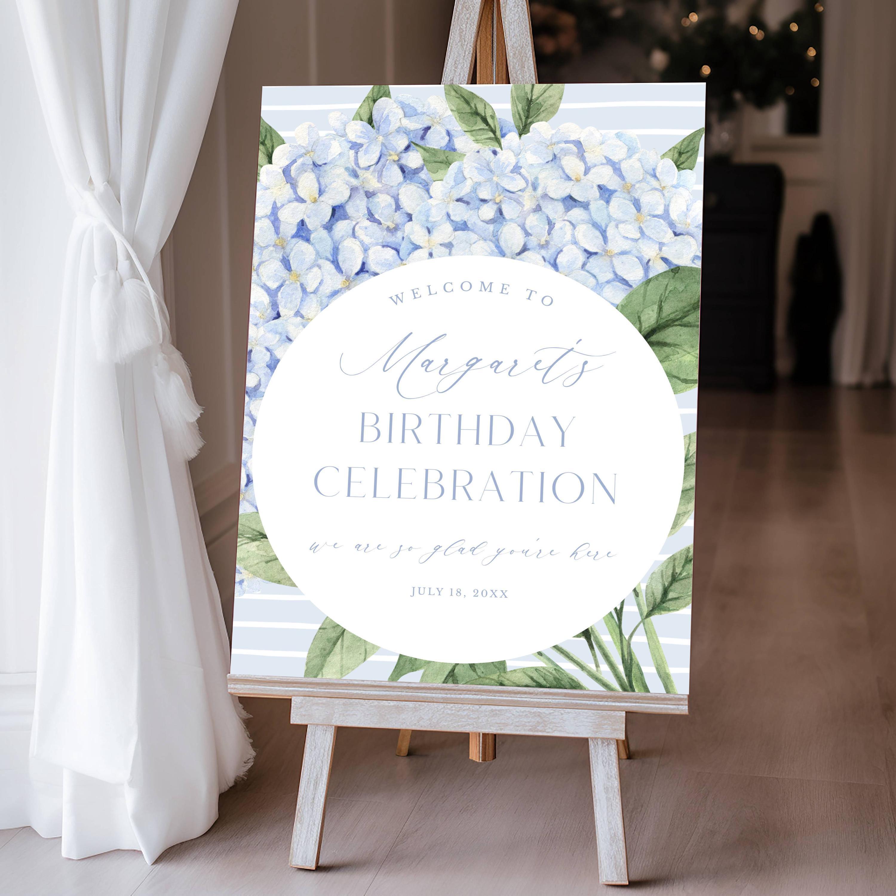 Birthday Party Welcome Sign, Blue Hydrangea, Corjl Editable Template ...