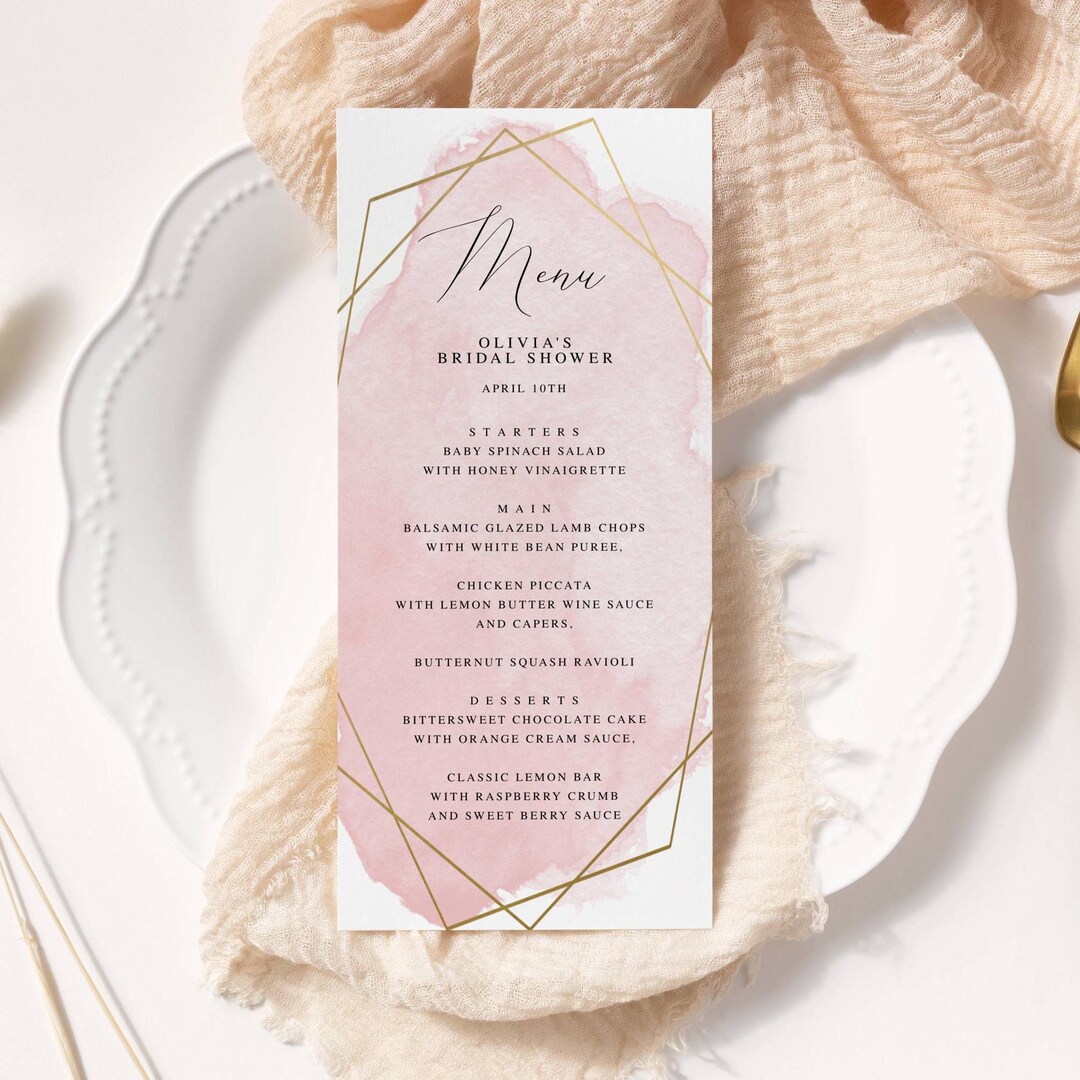 Pink Watercolor Menu | 4x9" Gold Frame Design | Edit Online for ...