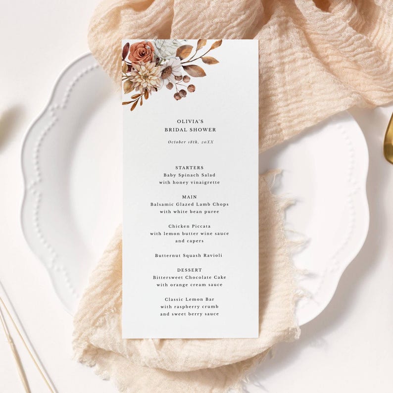 Fall Menu Template, Terracotta Flowers Dinner Menu, Rustic Autumn ...