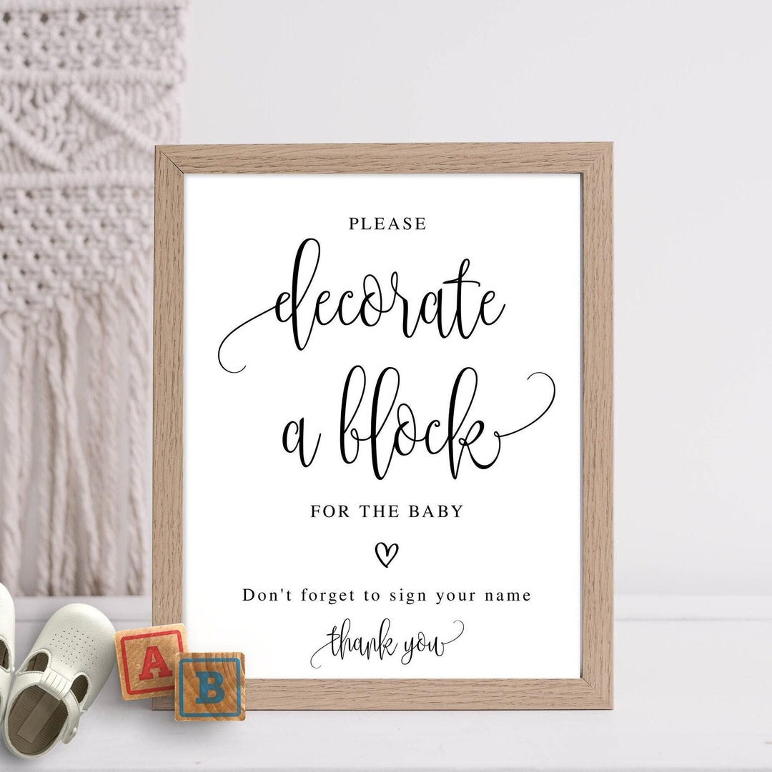 Decorate a Block, Baby Shower Blocks Activity, Script Calligraphy Black ...