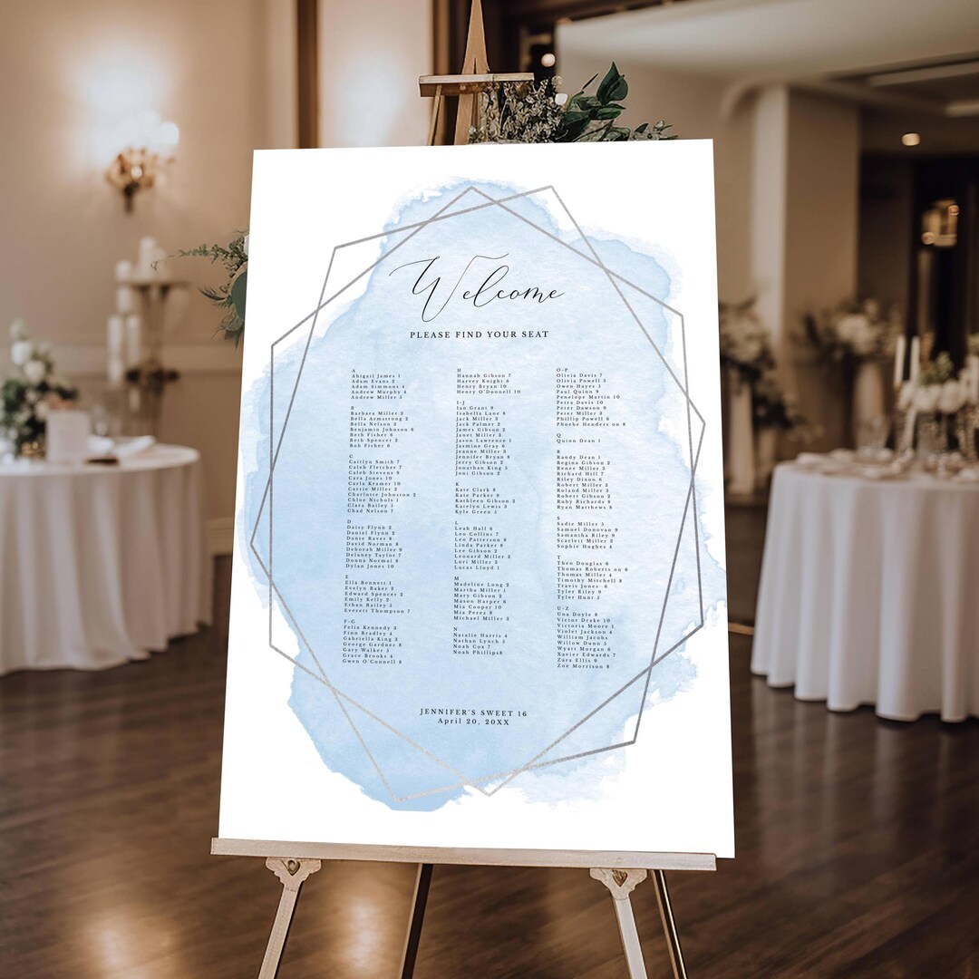 Editable Blue and Silver Seating Chart Template | Alphabetical Order ...