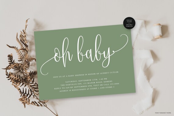 Oh Baby, Sage Green Baby Shower Invitation Editable Template, Custom ...