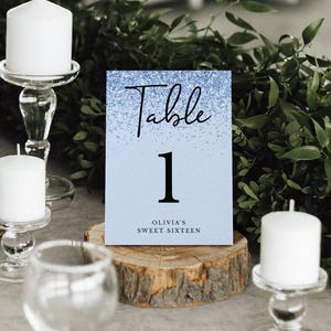 Editable Table Cards, Blue Sparkle Confetti Glitter Party Seating Table ...