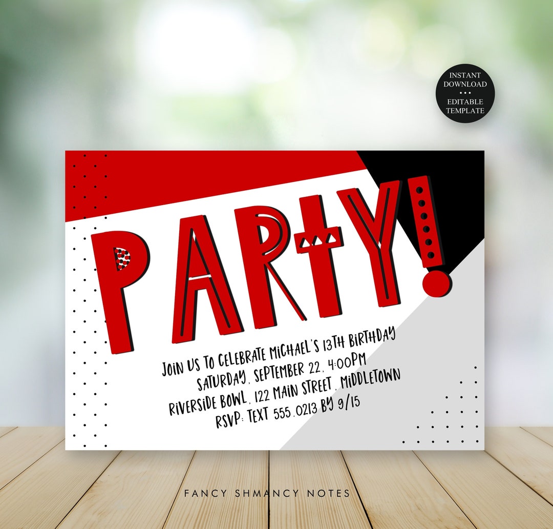 Teen Boy Kids Editable Party Invitation, ANY AGE Birthday, Red Black ...