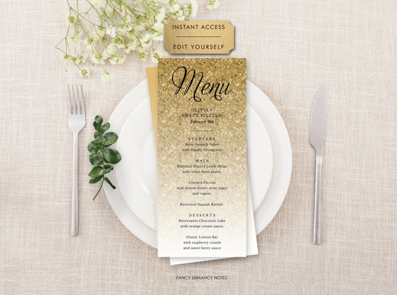 Editable Gold Ombre Glitter Menu, Printable Template, Instant Download ...