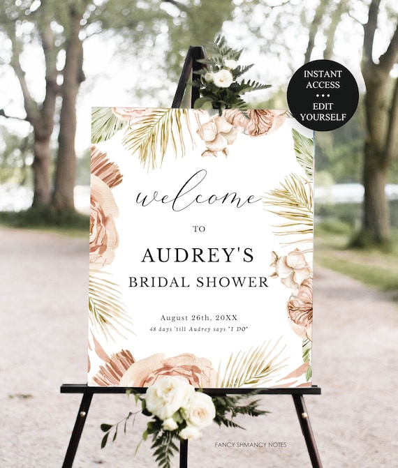 Welcome Sign, Boho Roses and Tropical Leaves, Editable Templates in 3 ...