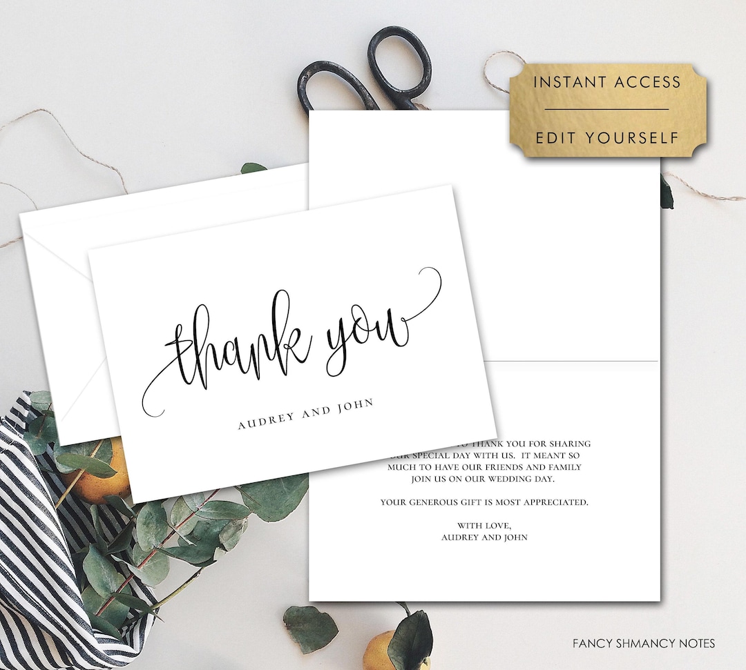 Editable Personalized Thank You Folded Note Card Template | Black White ...