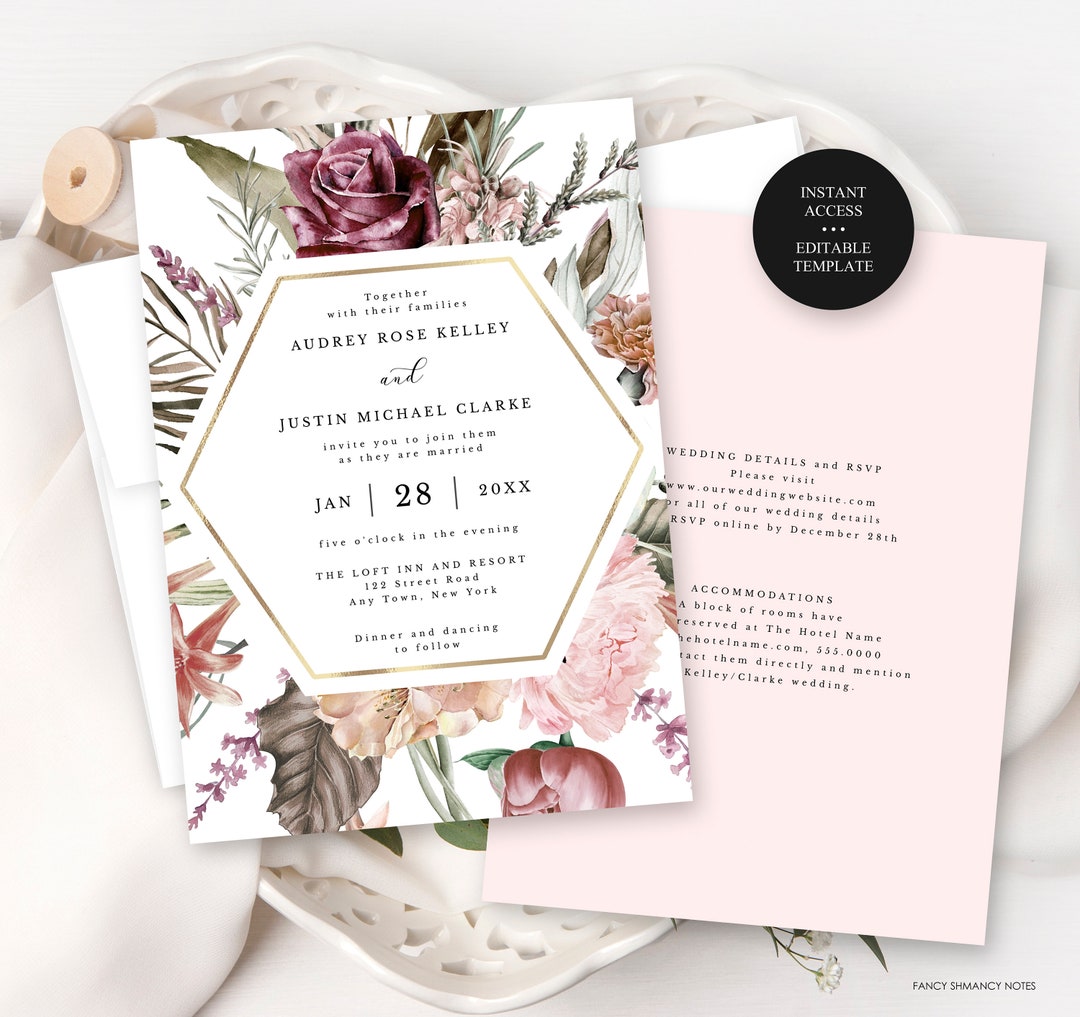 Modern Editable All in One Wedding Invitation Template, Boho Burgundy ...
