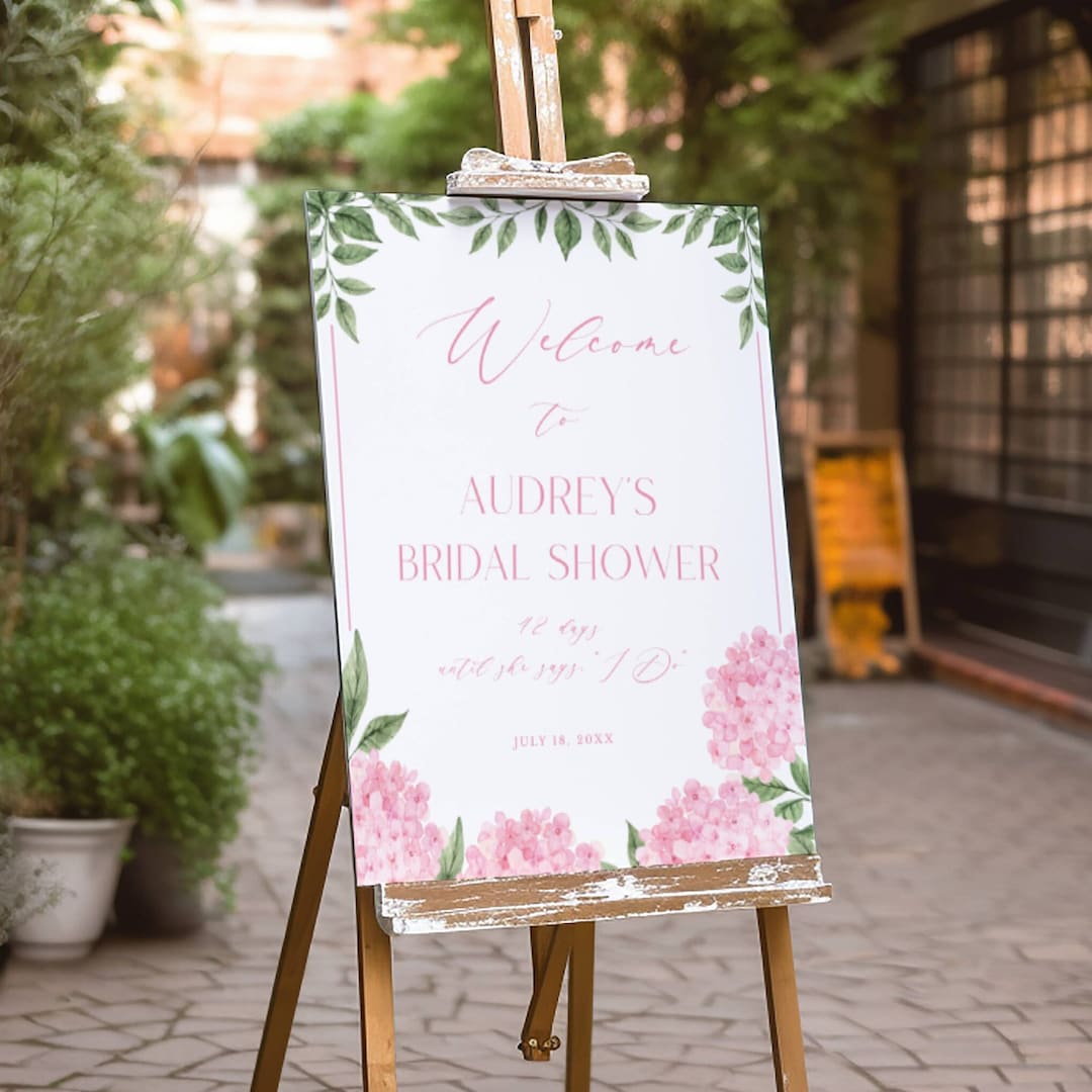 Editable Pink Hydrangea Bridal Shower Welcome Sign, Flower Blooms ...