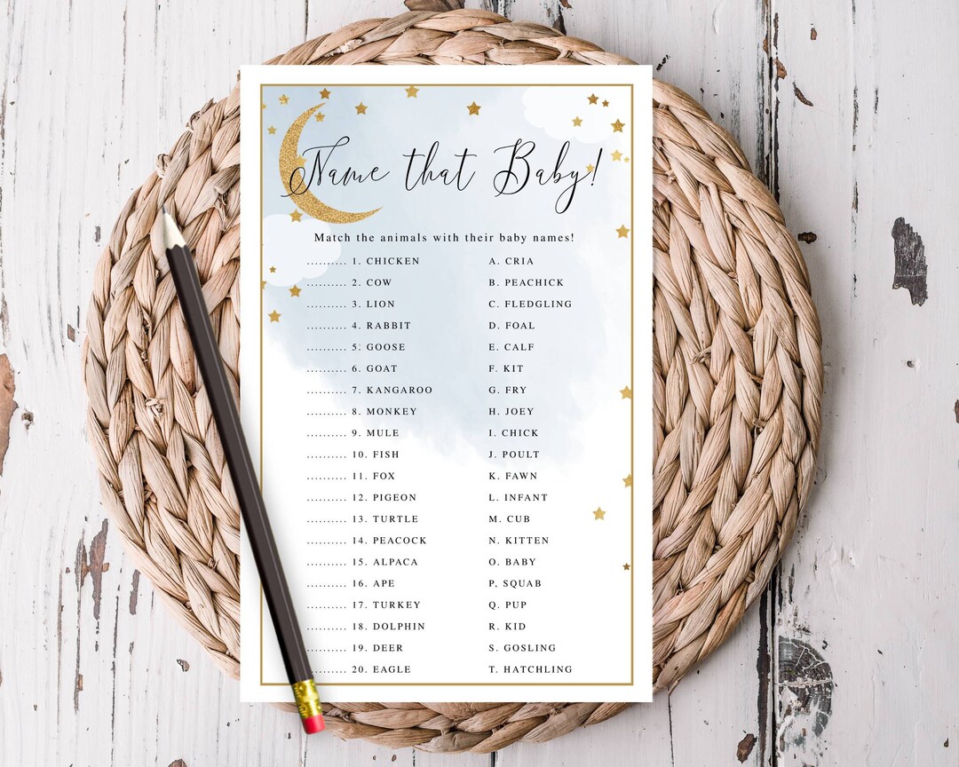 Printable Blue Over the Moon Baby Shower Game | Name That Baby Animal ...