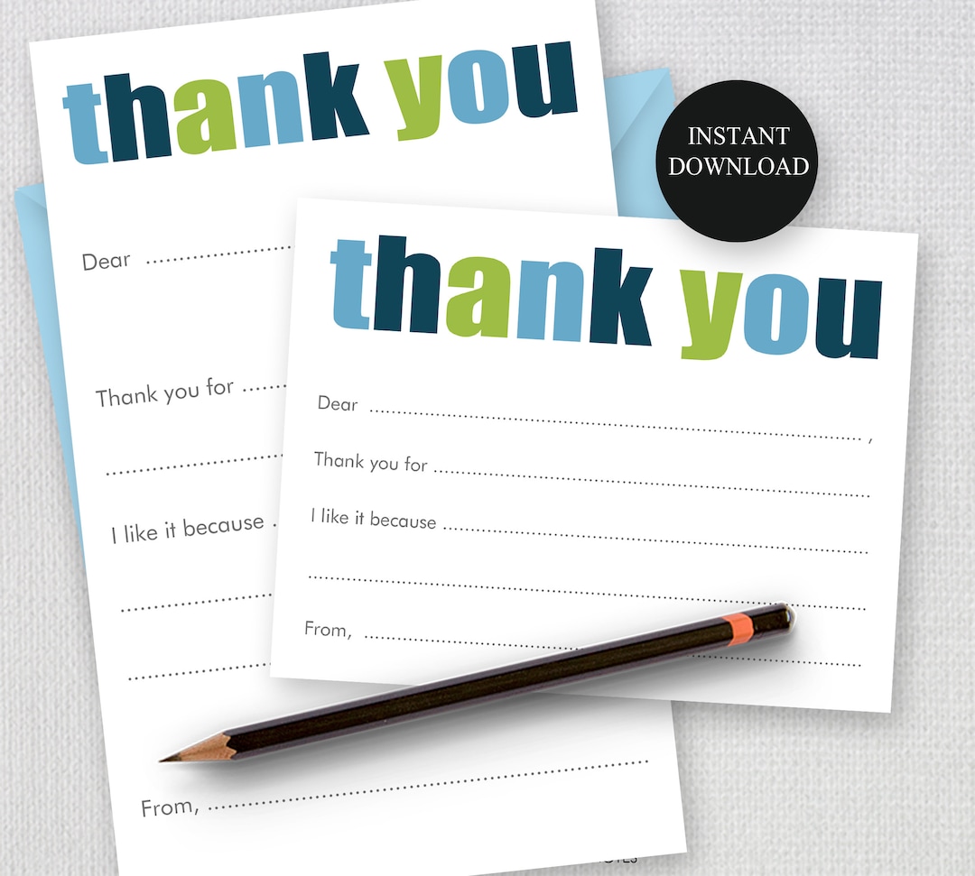 Printable Fill in Thank You Notes, Blue Chunky Print, 2 Sizes ...