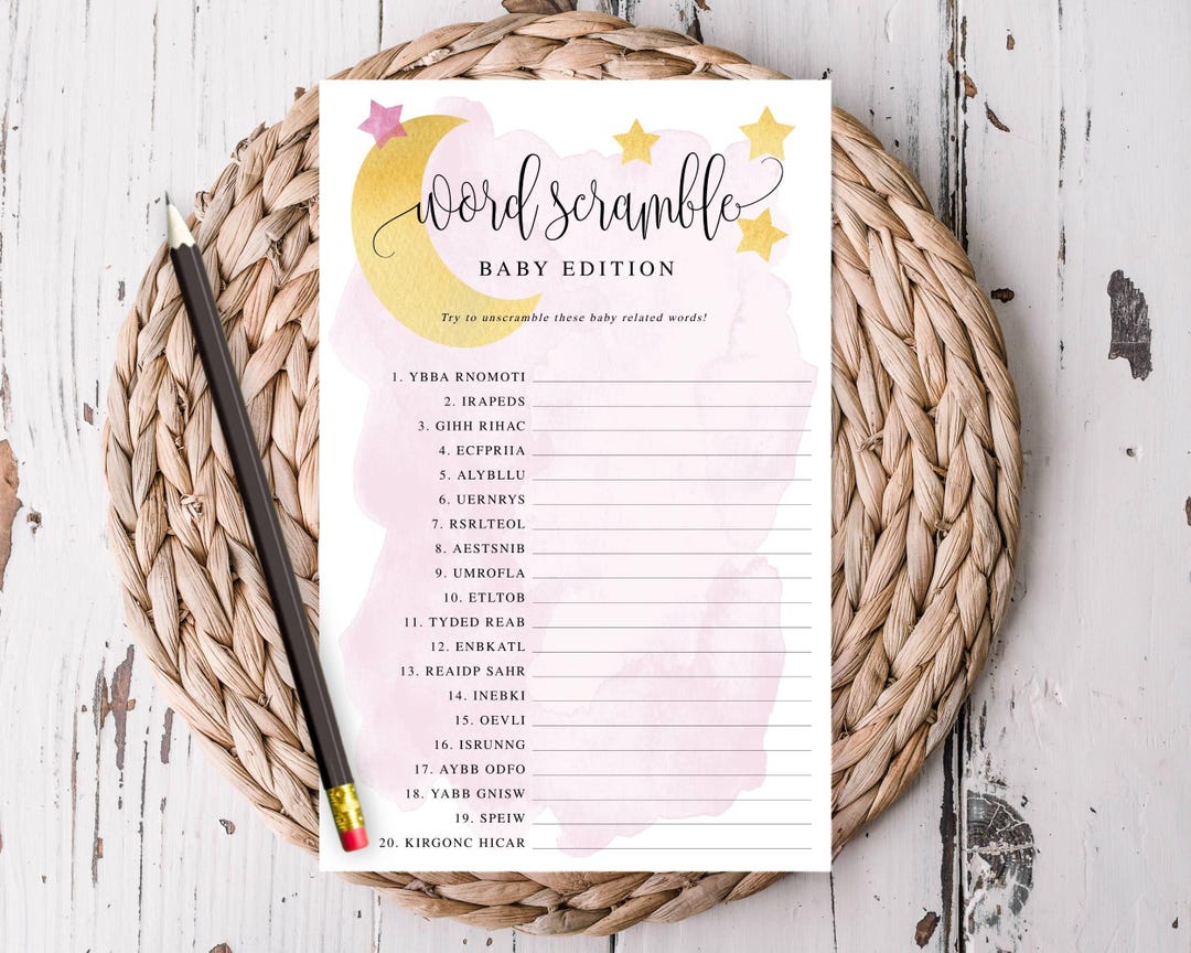 Pink Moon Baby Shower Game - Word Scramble Printable Activity, Instant ...
