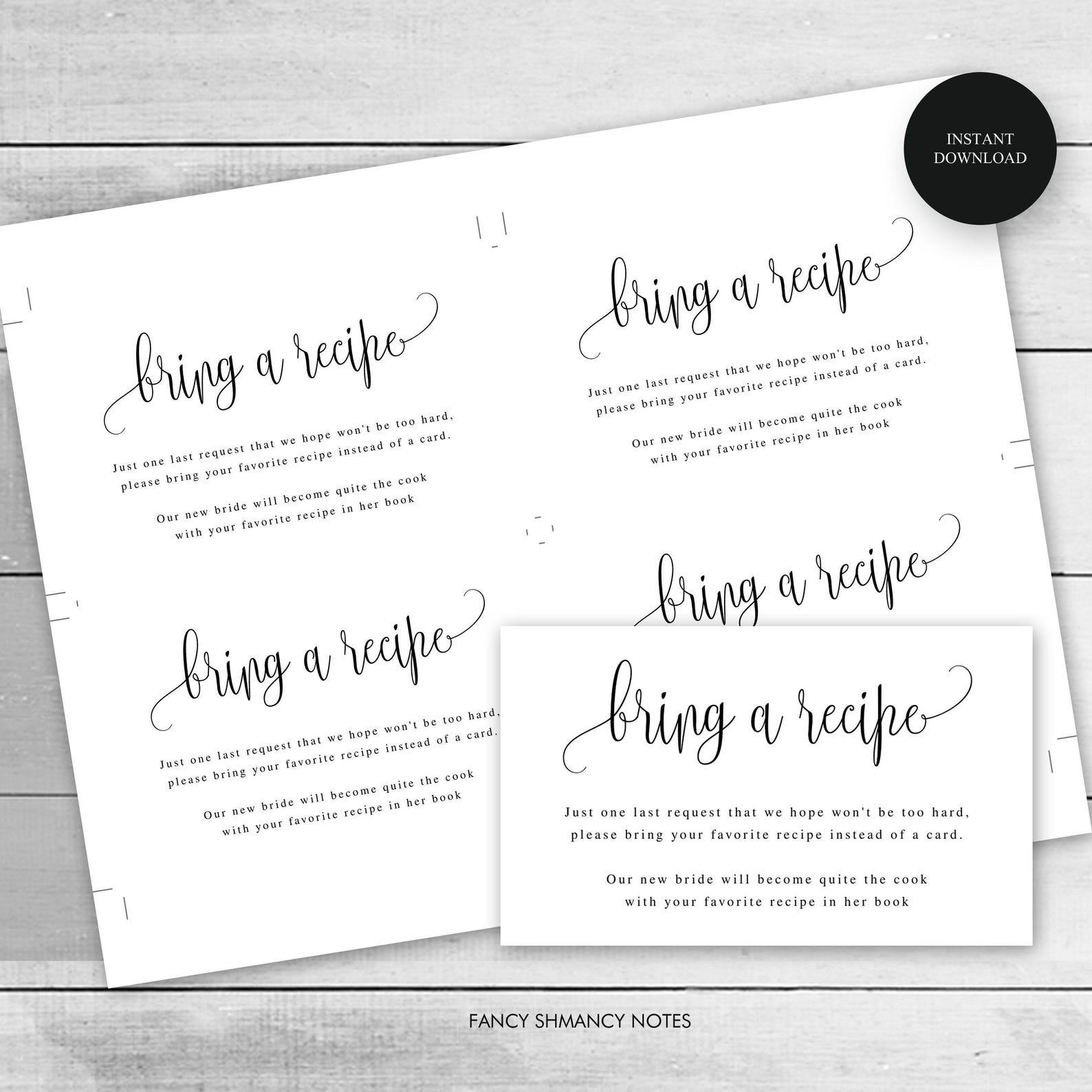 Bring a Recipe, Printable Invitation Insert, Black and White Minimalist ...