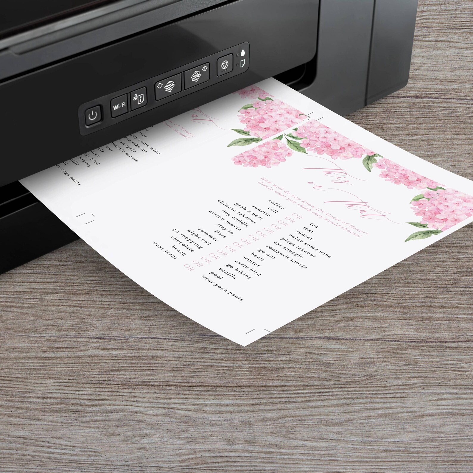 Pink Hydrangea Printable Party Game, "this or That" Watercolor Flowers ...