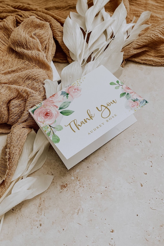 Editable Thank You Folded Note Card Template, Pink Flowers Gold Glitter ...