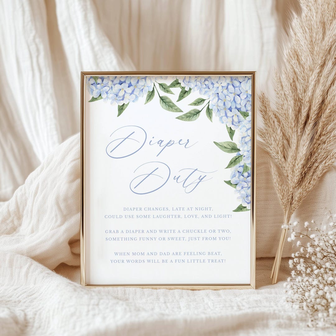 Blue Hydrangea Diaper Duty Activity Sign | Baby Shower Game | Late ...