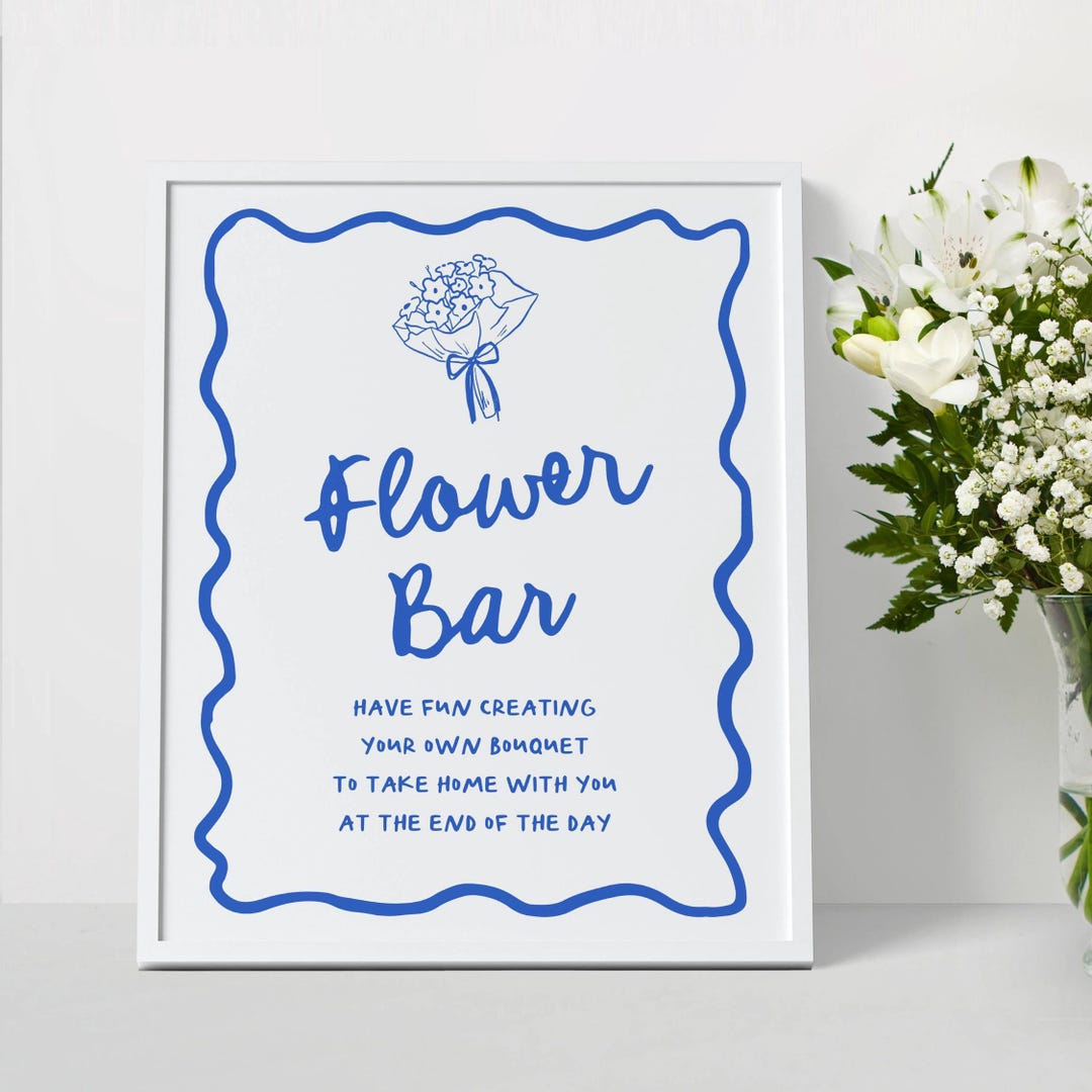 Blue Hand Drawn Flower Bar Sign 8x10" 16x20" Whimsical Scribble Border ...