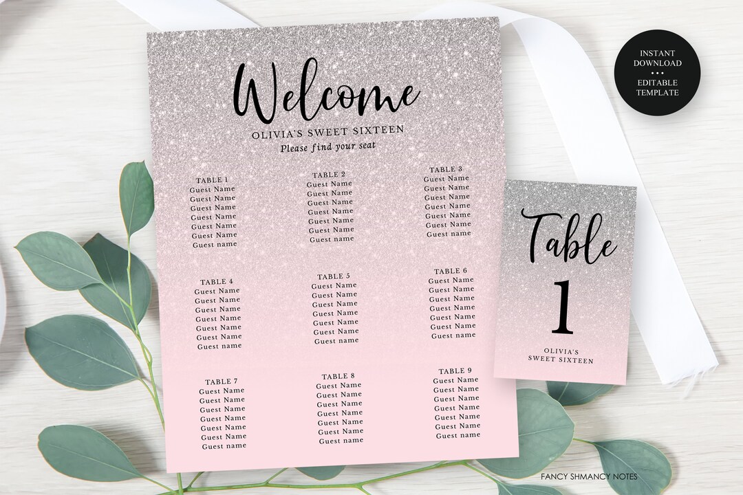 Silver Glitter Fade Editable Seating Chart Sign & Cards Multiple Sizes ...