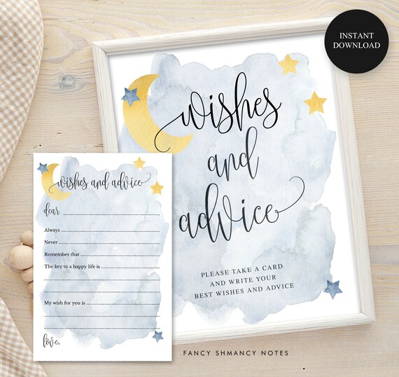 Over the Moon, Moon and Stars Baby Shower Wishes and Advice Cards and ...