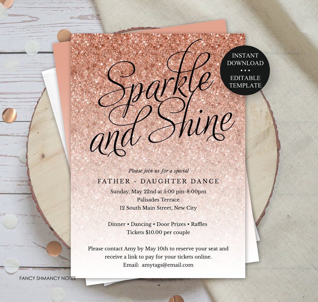 Rose Gold Glitter Editable Invitation Fancy Script sparkle and Shine ...
