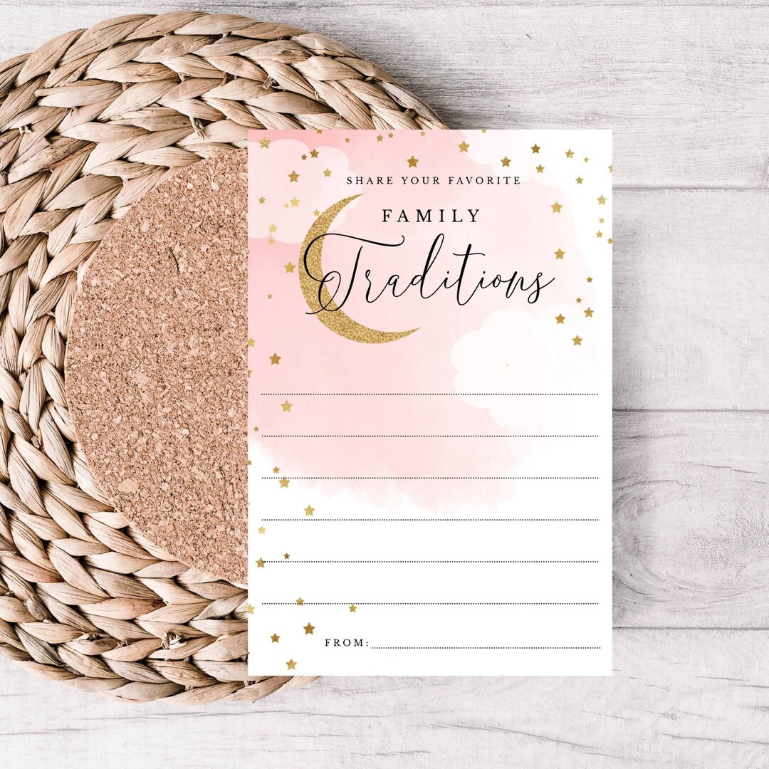 Pink Over the Moon Baby Shower Family Traditions Card and Sign, Pink ...