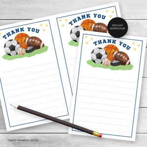 Printable Sports Theme Kids Thank You Notes, Lined or Fill in the Blank ...