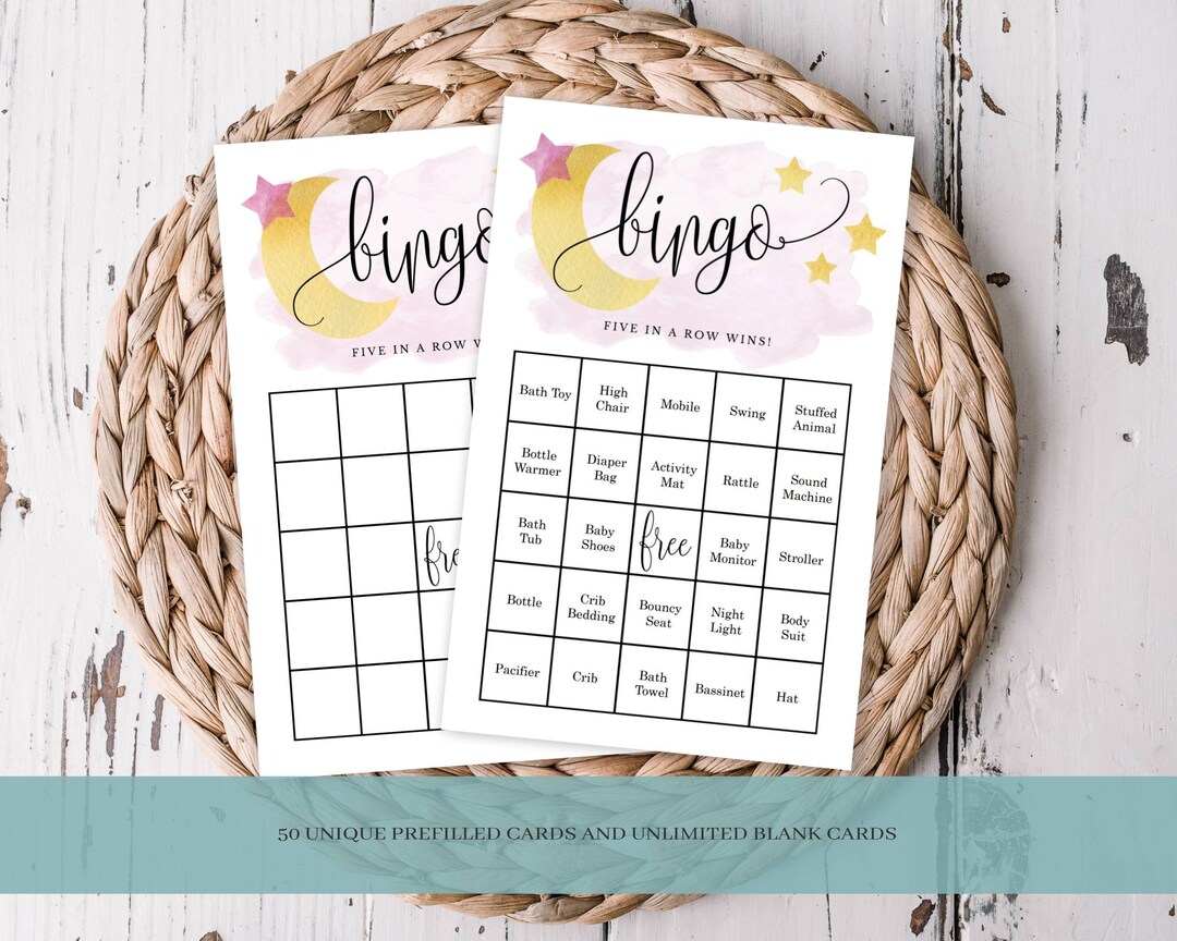 Over the Moon Pink Bingo, Printable Baby Shower Bingo Game Cards, 50 ...