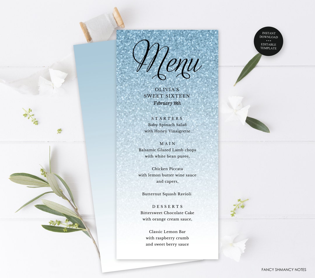Editable Light Baby Blue Ombre Glitter Menu Printable - Etsy