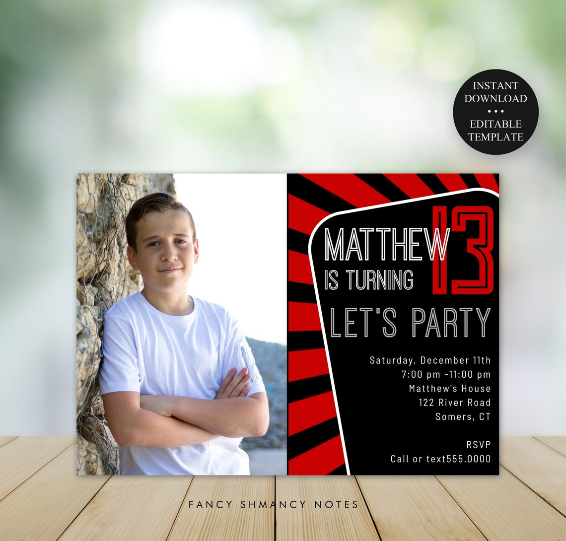 13th Birthday Photo Invitation Any Age Teen Boy Editable Etsy 13th-birthday-photo-invitation-any-age-teen-boy-editable-etsy