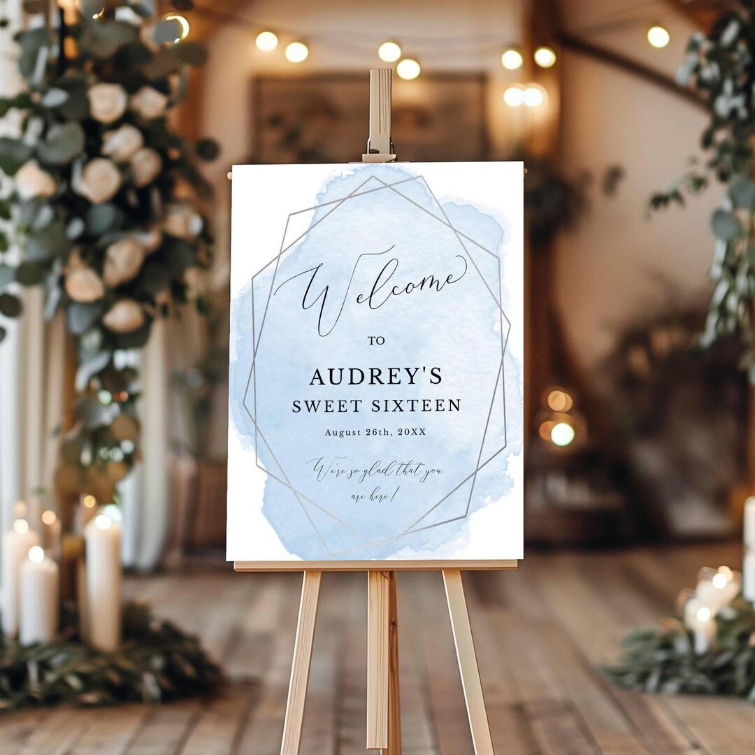 Blue and Silver Editable Welcome Sign Template | Blue Watercolor With ...