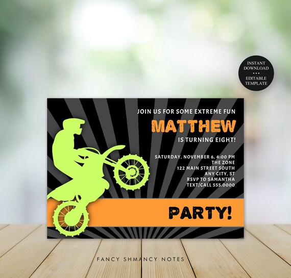 Motocross Dirt Bike Editable Birthday Invitation Template-Any Age ...