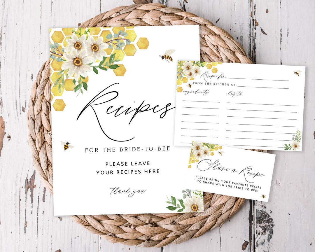 Bee Theme Recipe Card Printable Set- Invitation Insert, Recipe Card and ...