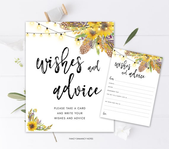 Wishes and Advice Cards and Display Sign, Sunflowers and String Lights ...