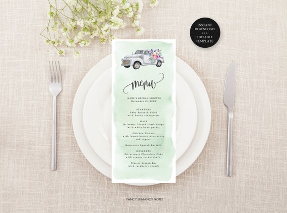 Menu, Farm Truck with Flowers Editable Template, Watercolor White ...