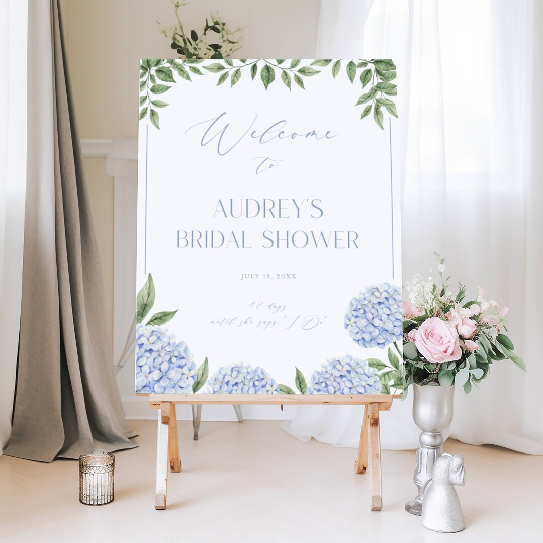 Editable Blue Hydrangea Bridal Shower Welcome Sign, Flower Blooms Floral Frame, 3 Sizes, Self ...