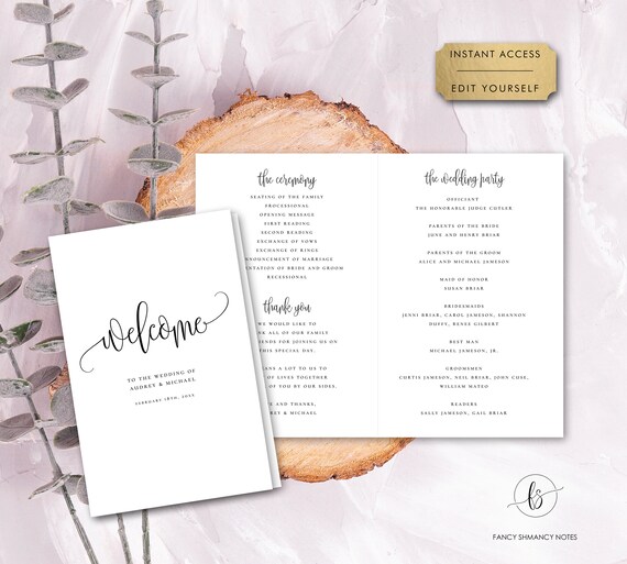 Wedding Program Booklet, Double Sided Calligraphy Script, Printable ...