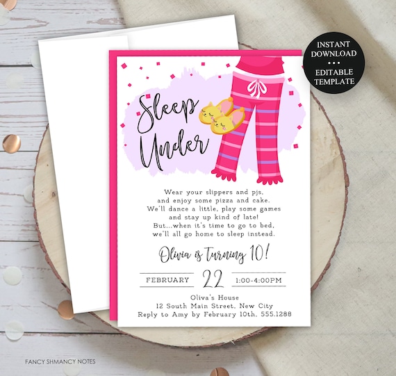 Sleep Under, Half Sleepover Birthday Invitation Editable Template, Pink ...