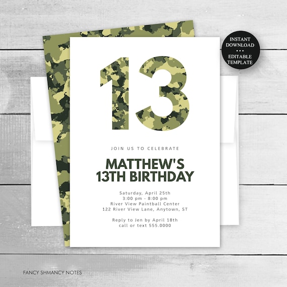 13th Birthday, Any Age, Green Camo Teen Boy Birthday Invitation, Print ...