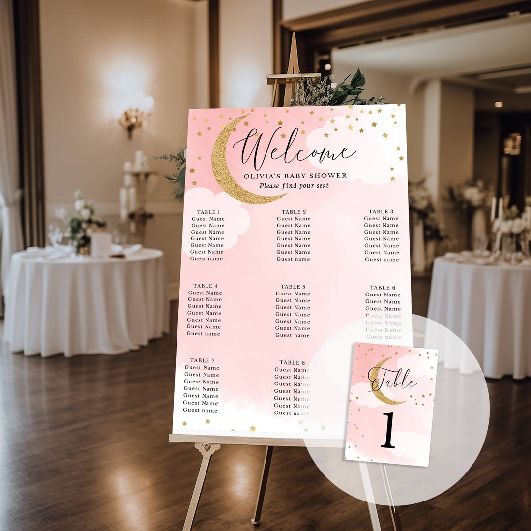 Pink Over the Moon Editable Seating Chart Sign & Table Number Cards ...