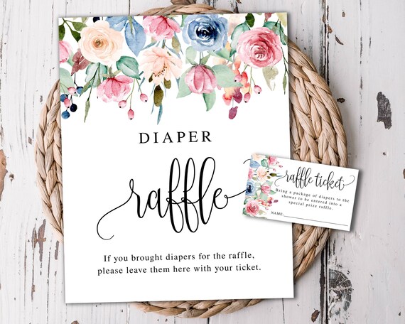 Baby in Bloom, Diaper Raffle Sign and Printable Tickets, Watercolor ...