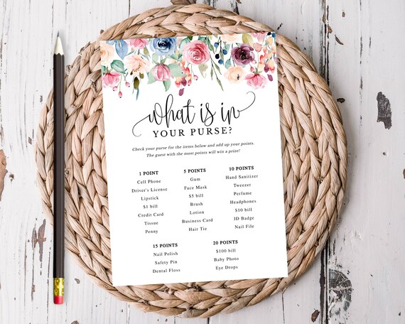 Printable What's in Your Purse Shower Party Group Game, Watercolor ...