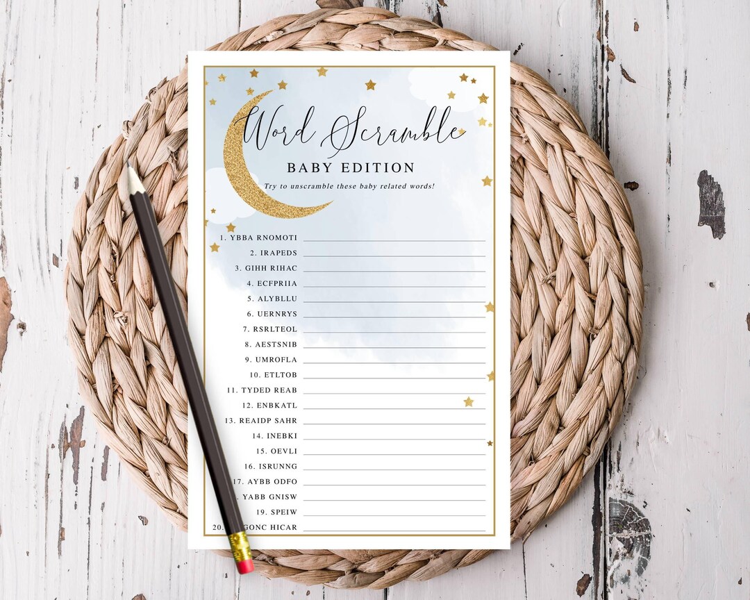 Over the Moon Baby Shower Word Scramble Baby Shower Game Card Baby ...