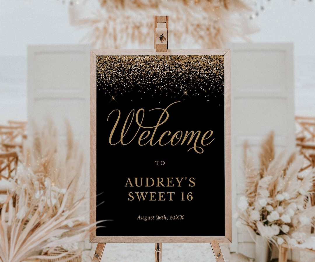 Gold Glitter Editable Welcome Sign for Your Party, Fancy Script Welcome ...