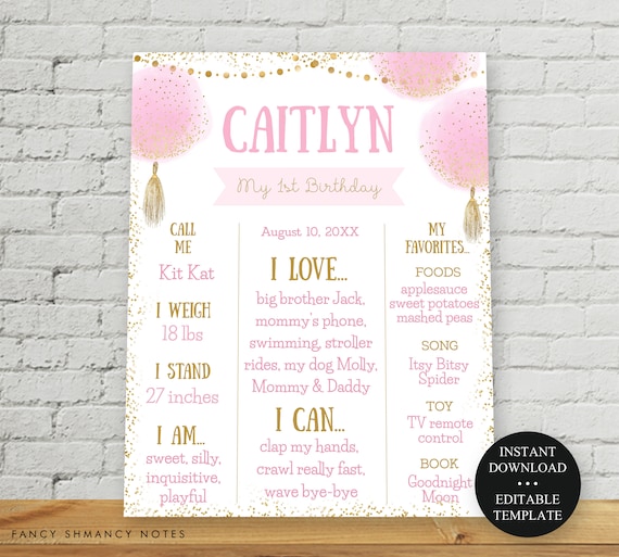 Any Age Birthday Milestone Poster, Pink Balloons Gold Tassel, 8x10 or ...