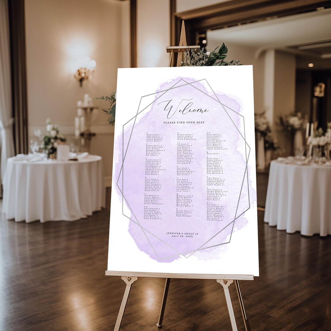 Editable Purple and Silver Seating Chart Template | Alphabetical Order ...